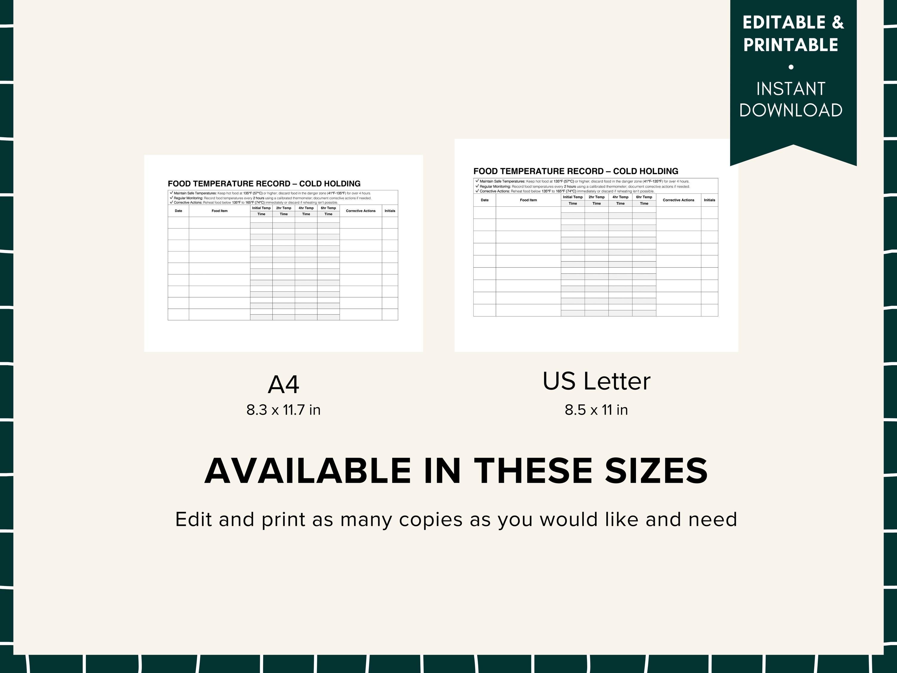 Cold Food Temperature Log, Cold Food Holding Temperature Sheet, Food ...