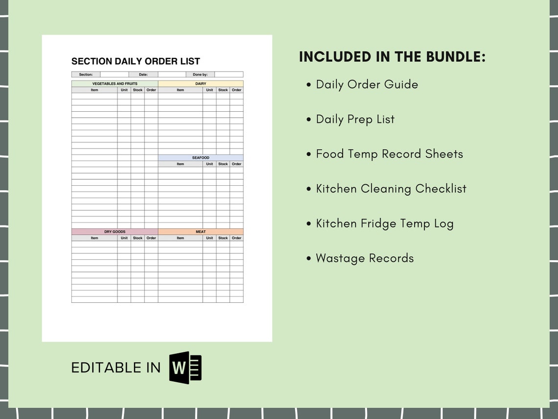 Restaurant Kitchen Templates Bundle, Order and Prep List, Fridge and ...