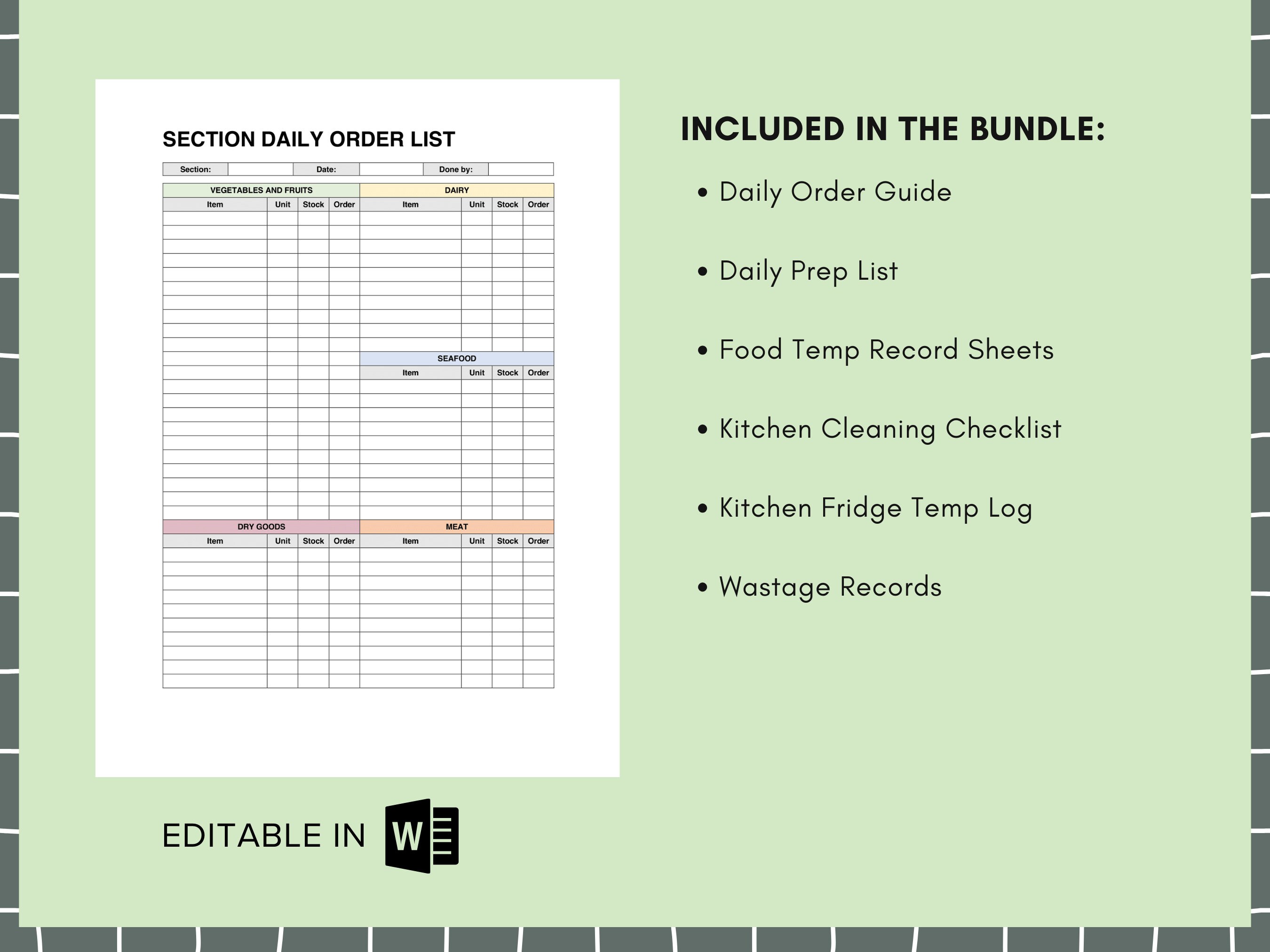 Restaurant Kitchen Templates Bundle, Order and Prep List, Fridge and ...