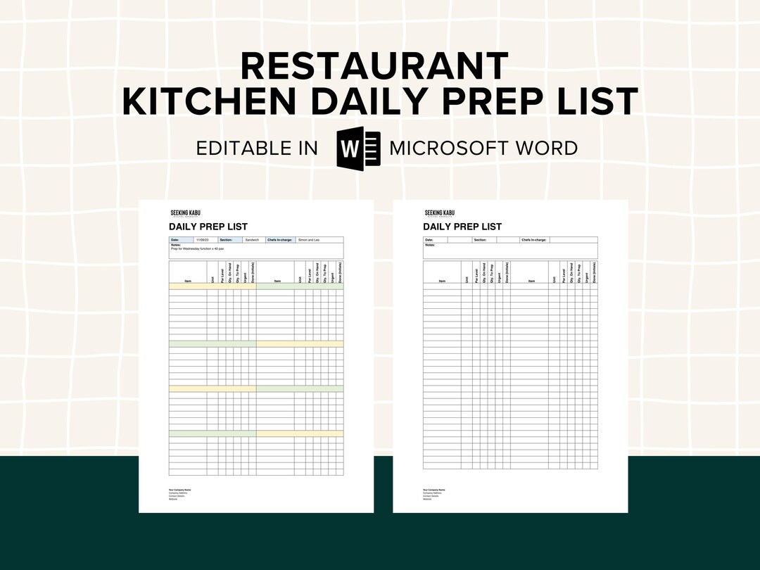 Kitchen Daily Prep List, Shift Handover Notes Fot Chefs, Restaurant and ...