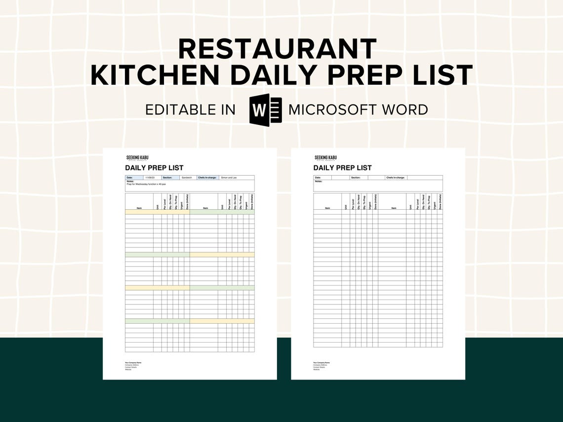 Kitchen Daily Prep List, Shift Handover Notes Fot Chefs, Restaurant and ...