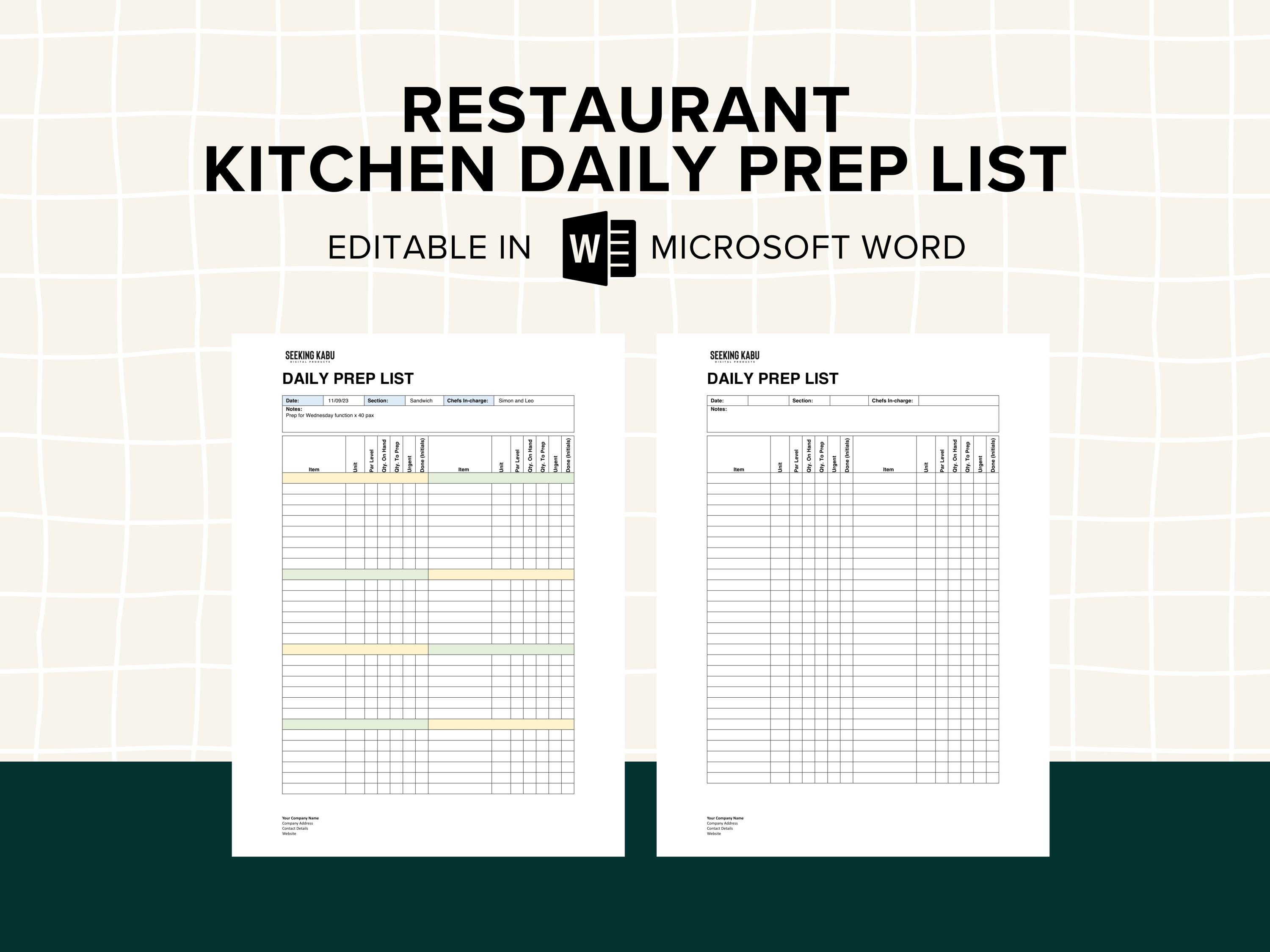 Kitchen Daily Prep List, Shift Handover Notes Fot Chefs, Restaurant and ...