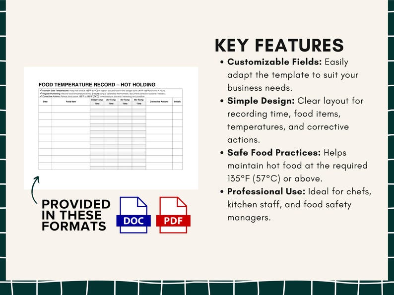 Hot Holding Temperature Log, Editable Hot Food Holding Temperature ...