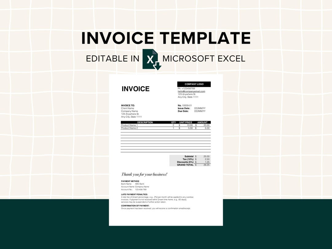 Editable Invoice Excel Template, Custom Printable Business Forms ...