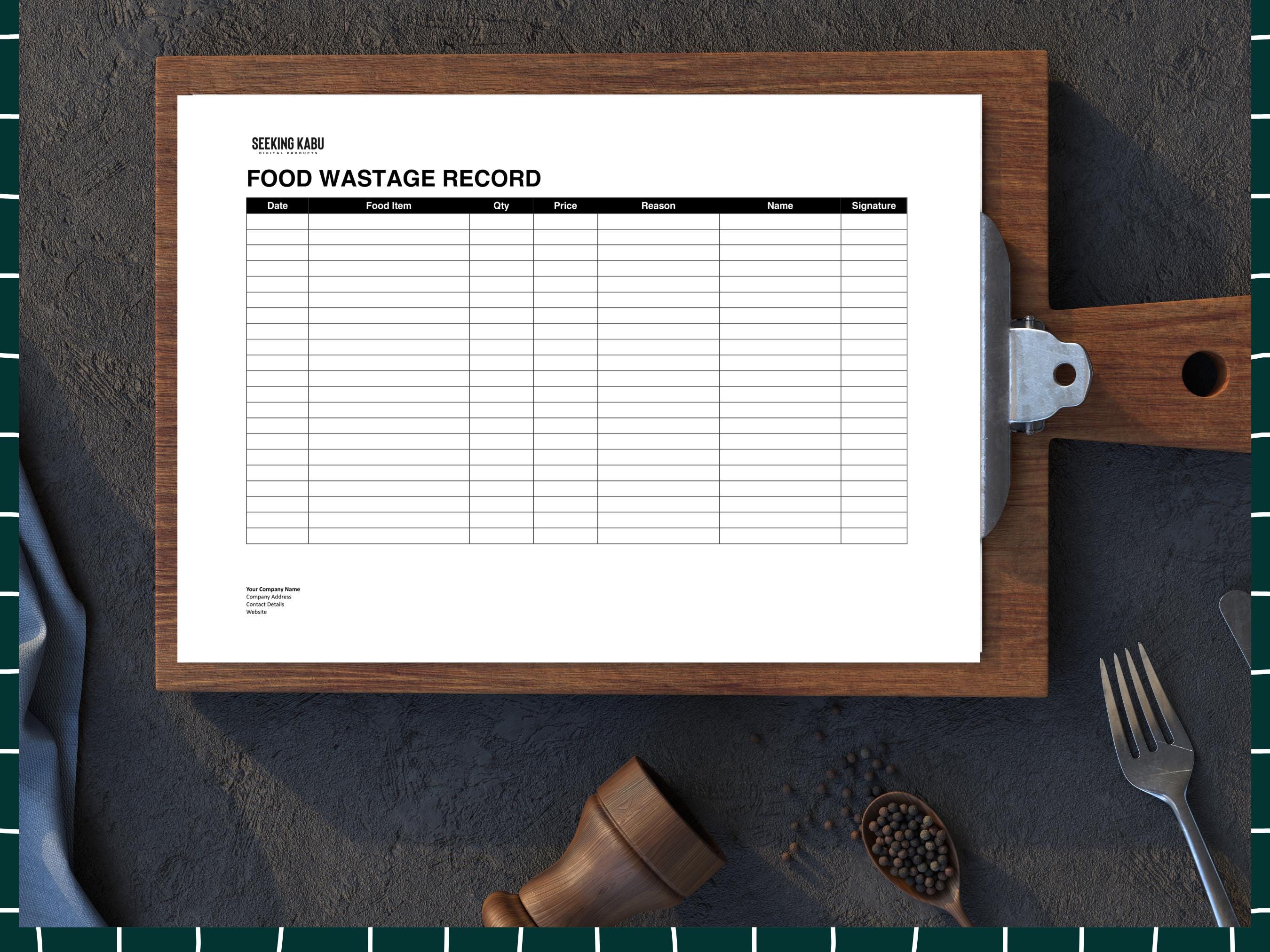 Wastage Record Sheets for Food, Beverage Glass and Plate Breakage Log ...