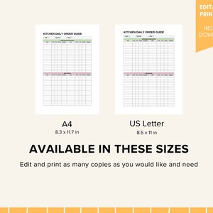 Kitchen Daily Order List, Order Guide. Restaurant and Cafe, Checklist ...