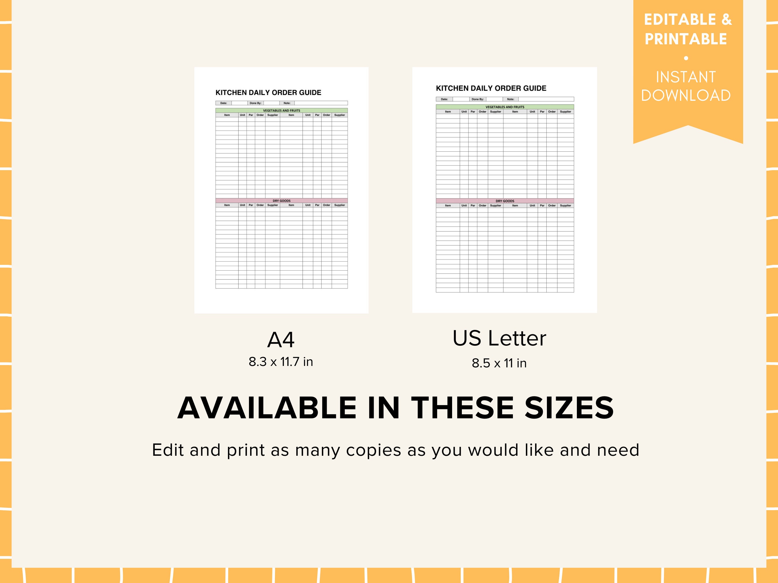 Kitchen Daily Order List, Order Guide. Restaurant and Cafe, Checklist ...