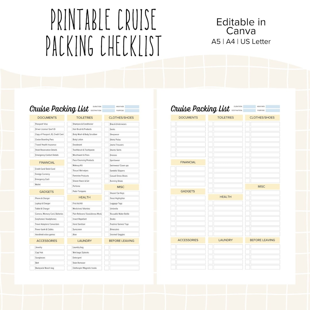 Editable Cruise Packing Checklist Printable Packing Checklist Travel ...