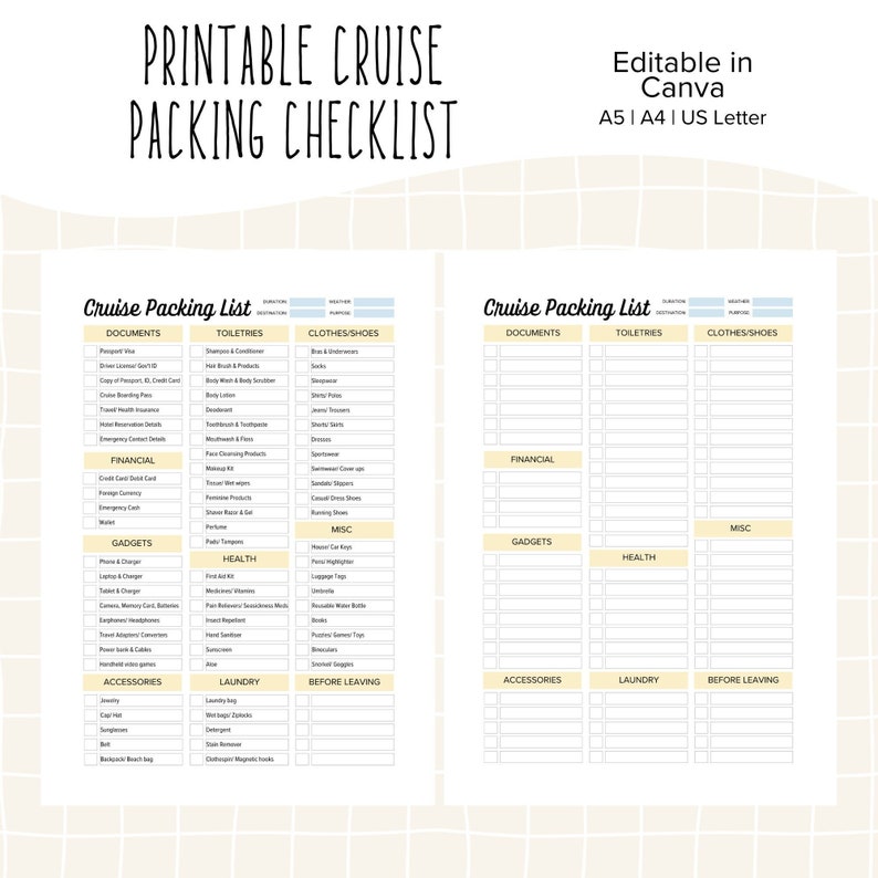 Editable Cruise Packing Checklist Printable Packing Checklist Travel ...