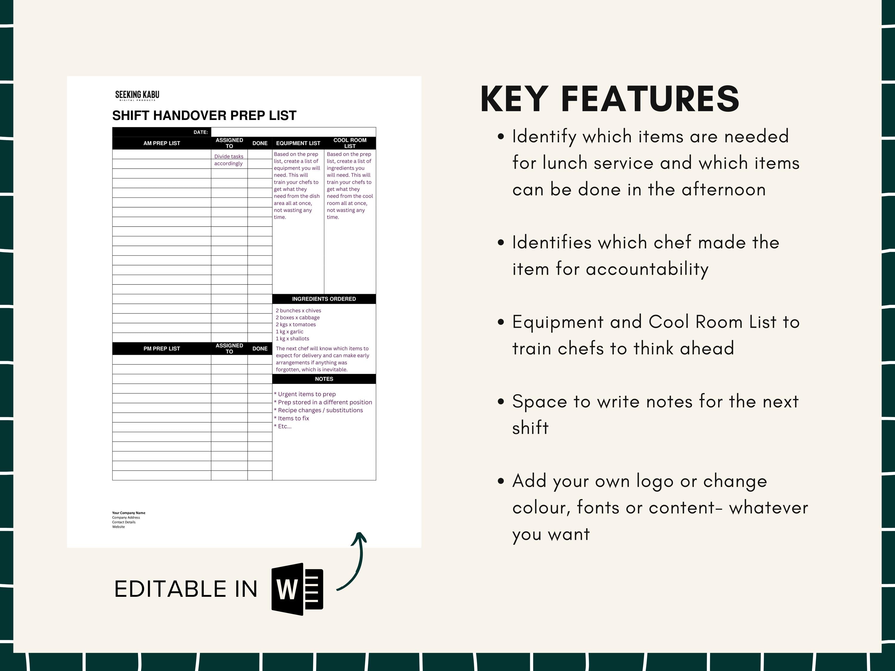 Kitchen Shift Handover Prep List, Notes Fot Chefs, Restaurant and Cafe ...