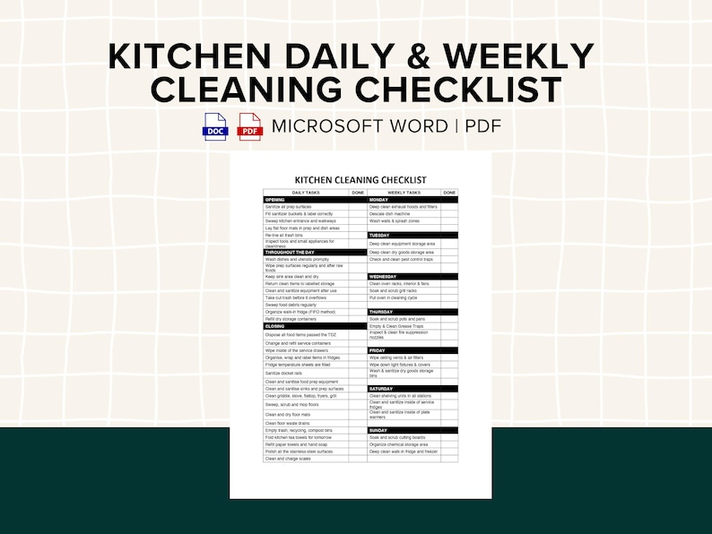 Commercial Kitchen Cleaning Checklist, Professional Daily Weekly ...