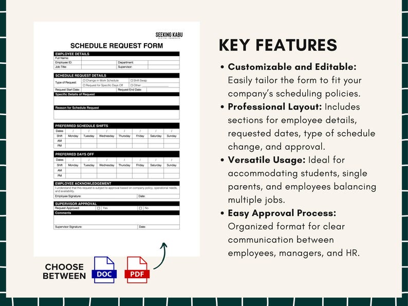 Employee Schedule Request Form, Flexible Shift Change Sheet, Work ...