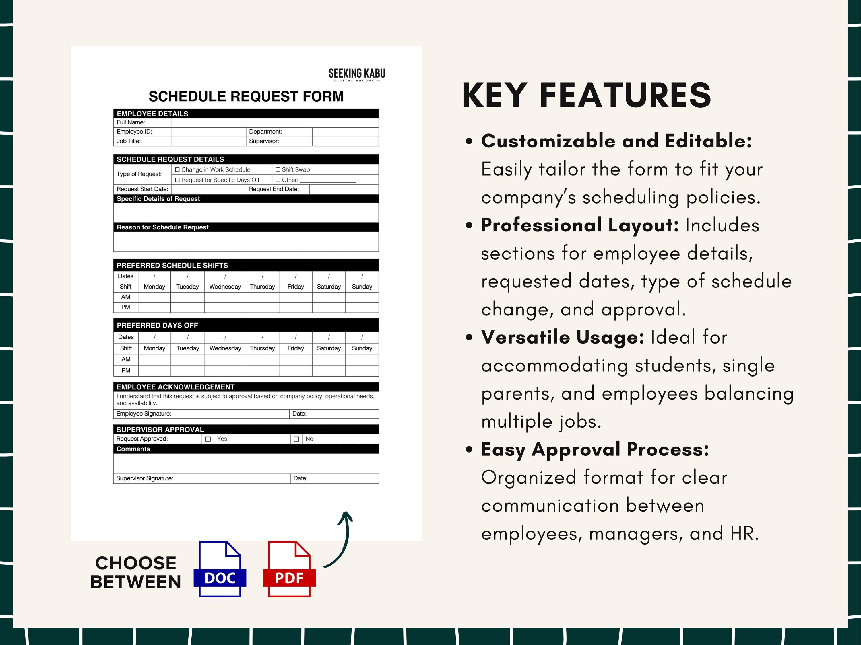 Employee Schedule Request Form, Flexible Shift Change Sheet, Work ...