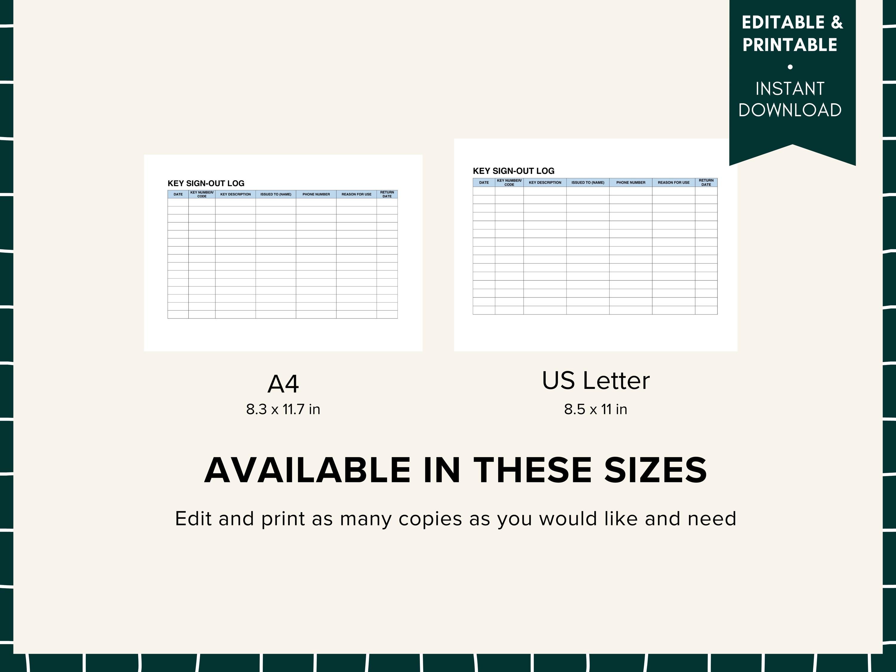 Key Sign-out Log Template, Editable Fillable PDF for Key Control ...
