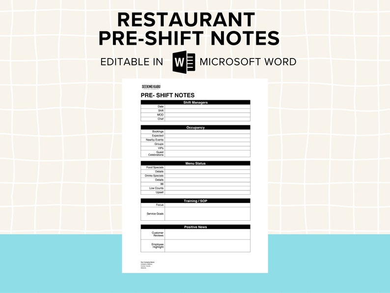 Restaurant Pre-shift Notes; FOH and BOH; Chefs, Waiters; Cafe, Catering ...