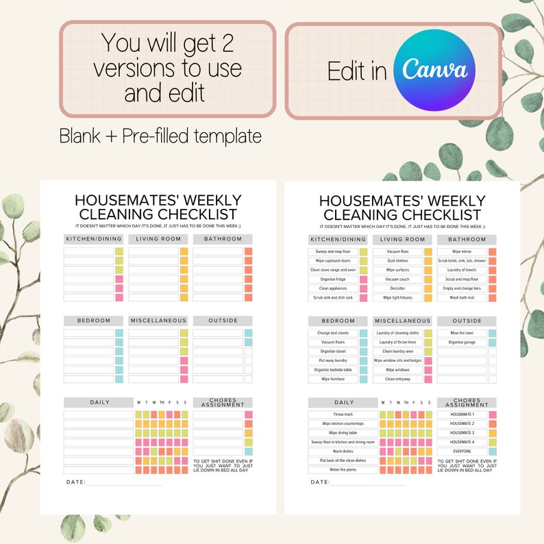 Editable Weekly Cleaning Checklist Weekly Cleaning Checklist - Etsy