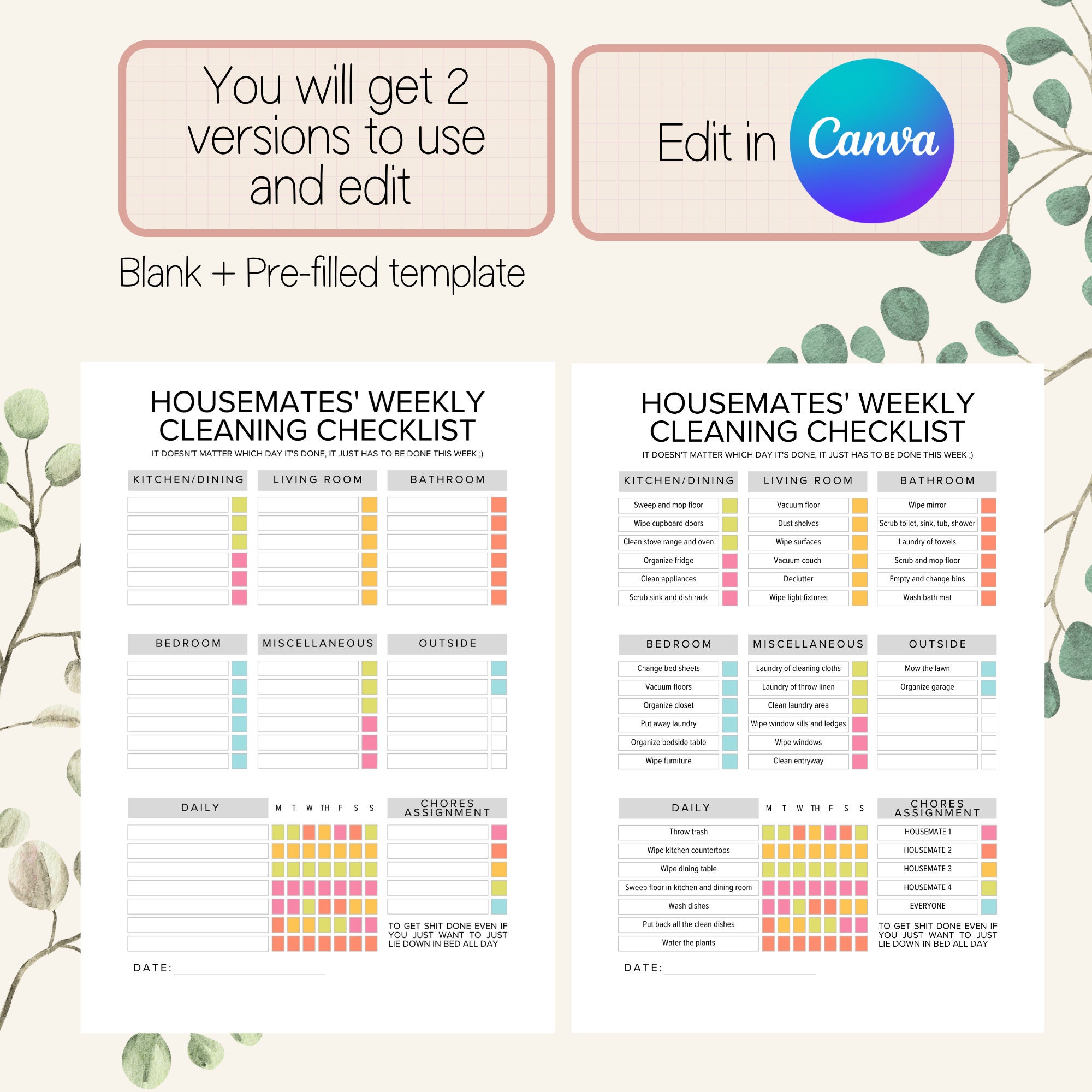 Editable Weekly Cleaning Checklist Weekly Cleaning Checklist - Etsy