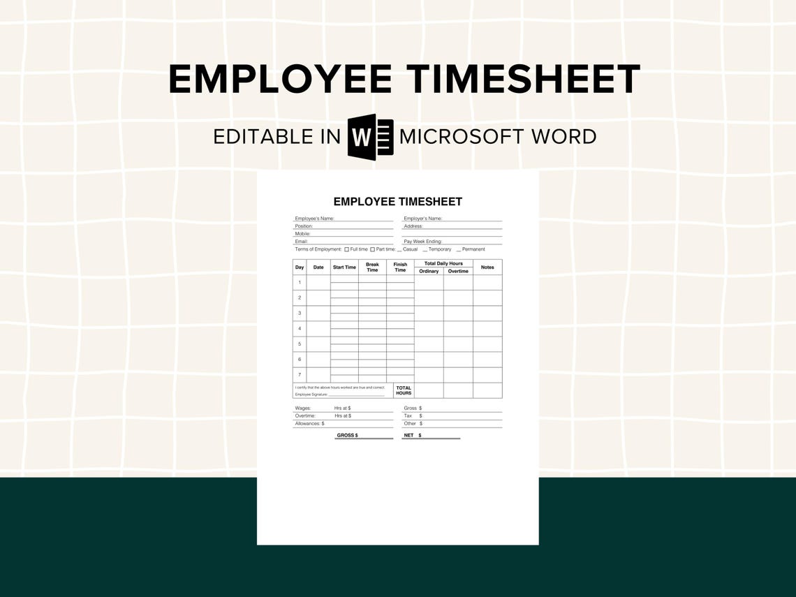 Employee Weekly Time Sheet, Employee Timesheet Log Form, Time Record ...