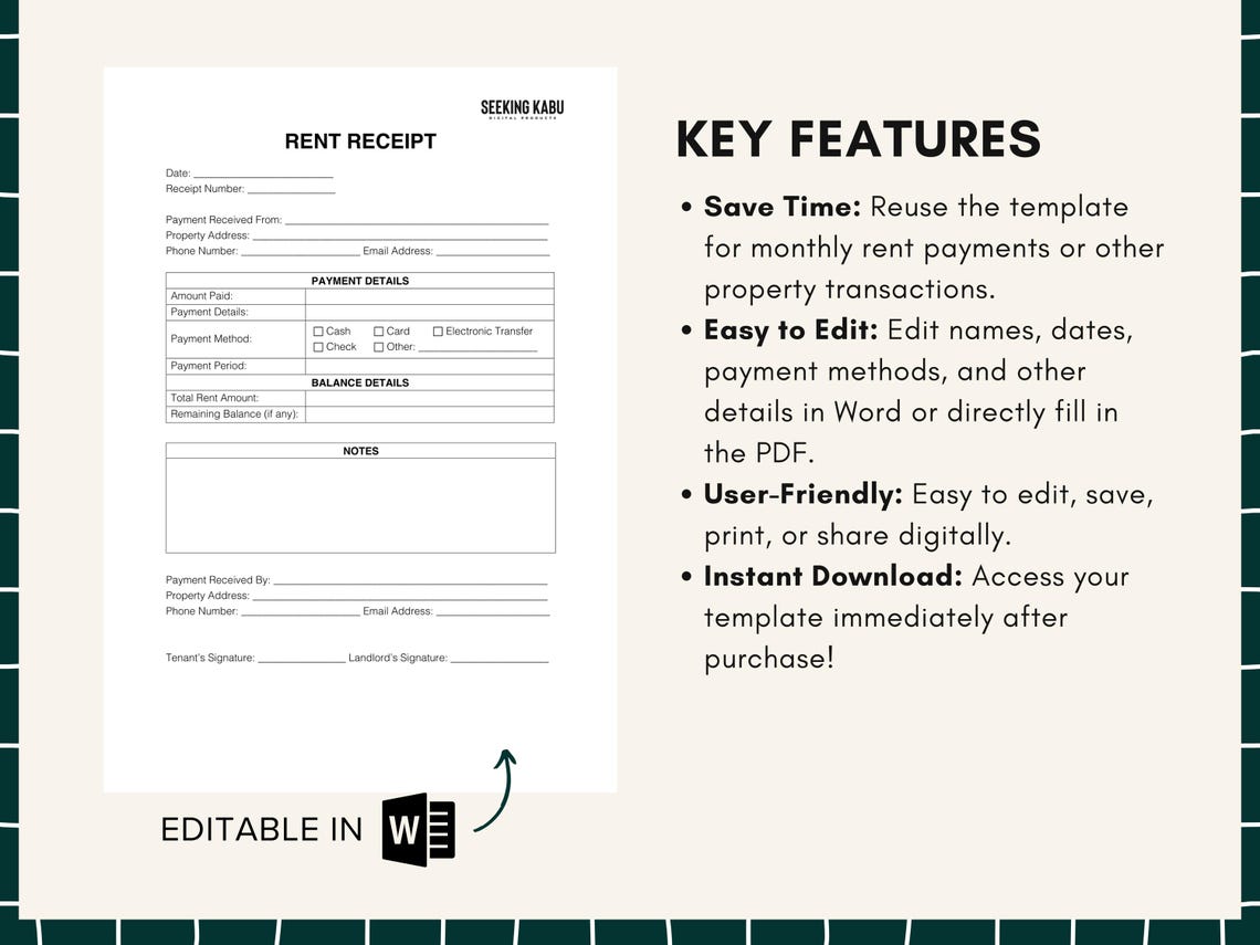 Landlord Rent Receipt Template, Printable Tenant Rental Receipt ...