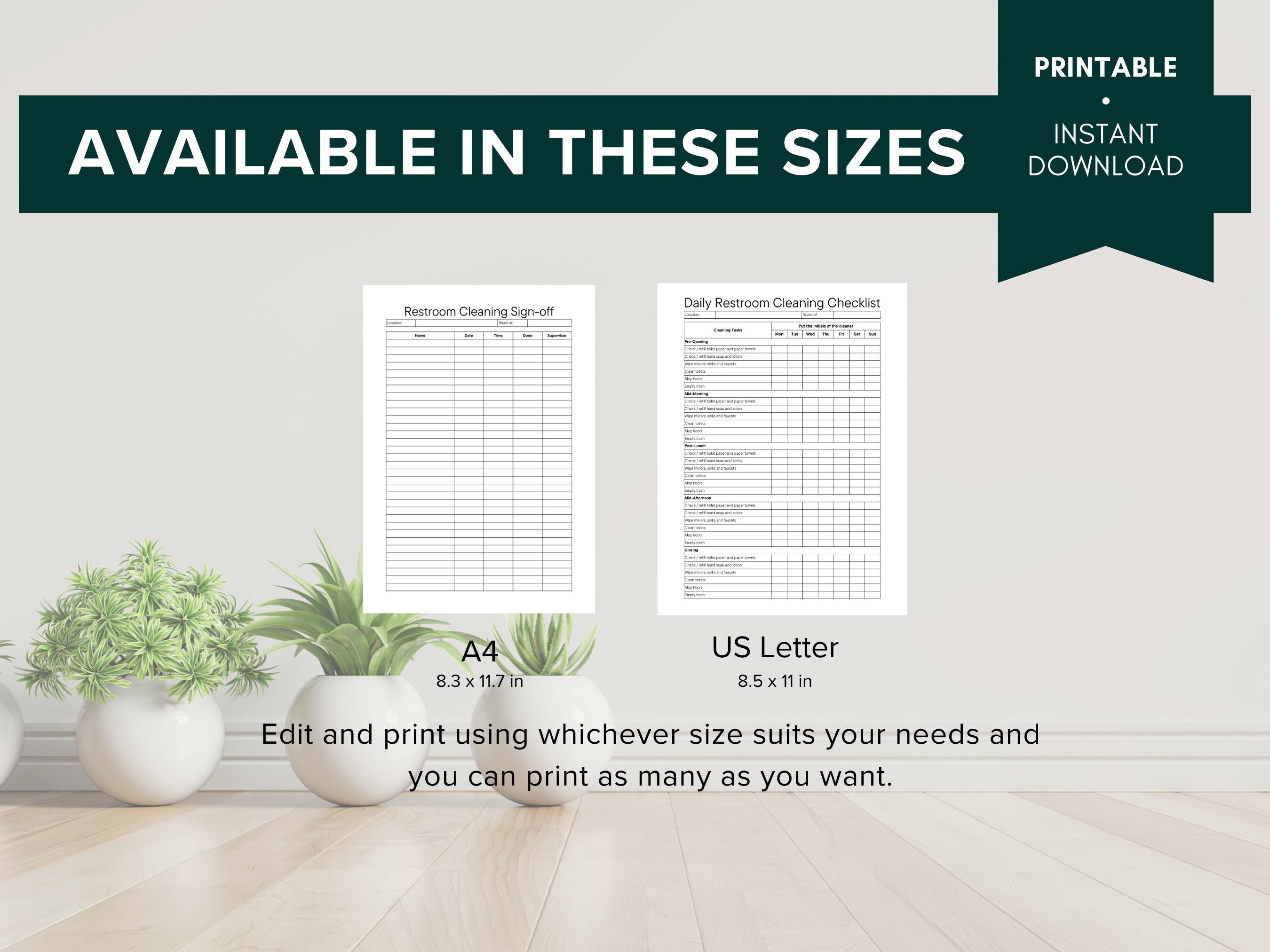 Public Restroom Cleaning Checklist and Sign off Sheet, Editable ...