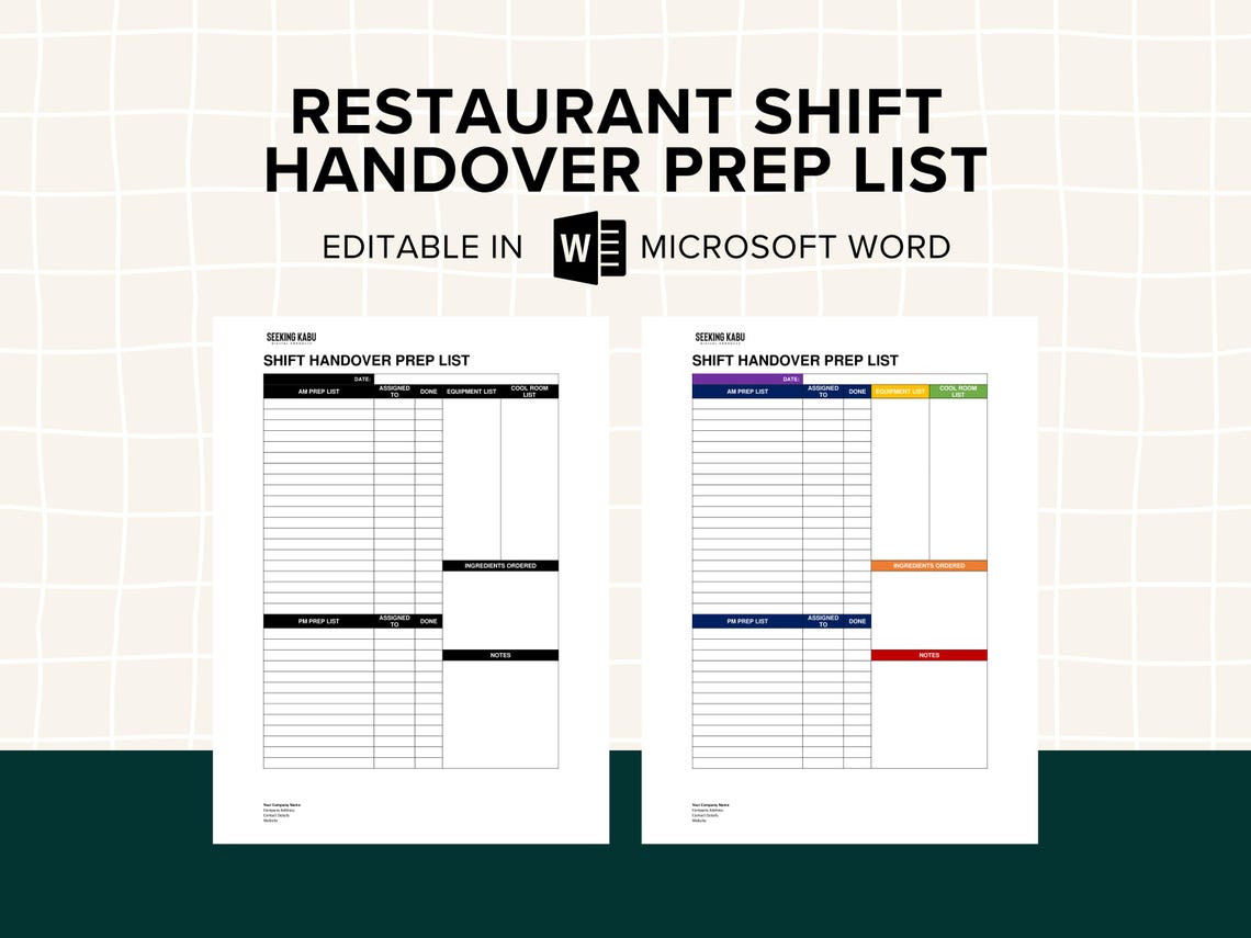 Kitchen Shift Handover Prep List, Notes Fot Chefs, Restaurant and Cafe ...