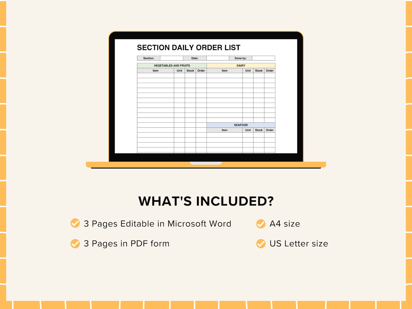 Kitchen Daily Order List, Order Guide. Restaurant and Cafe, Checklist ...