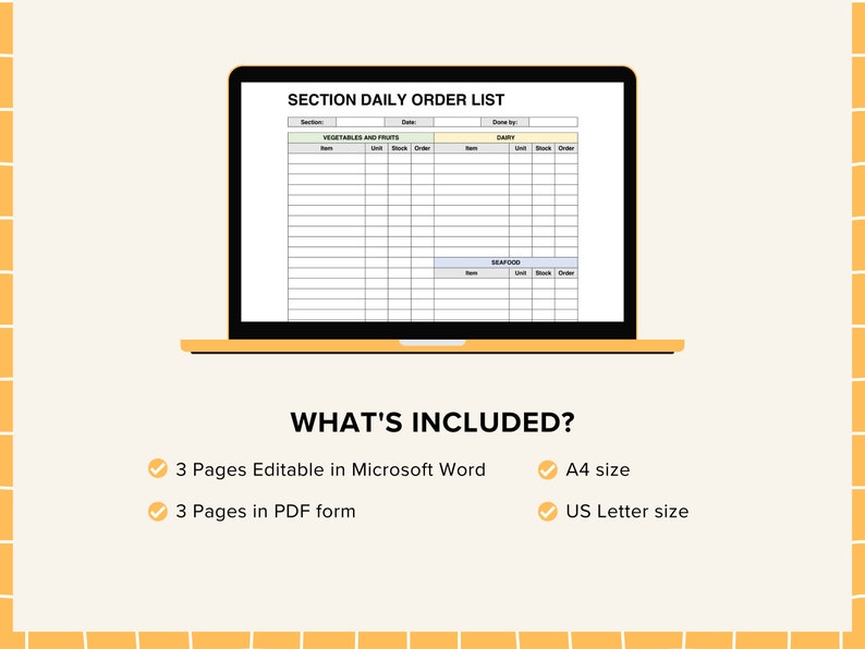 Kitchen Daily Order List, Order Guide. Restaurant and Cafe, Checklist ...