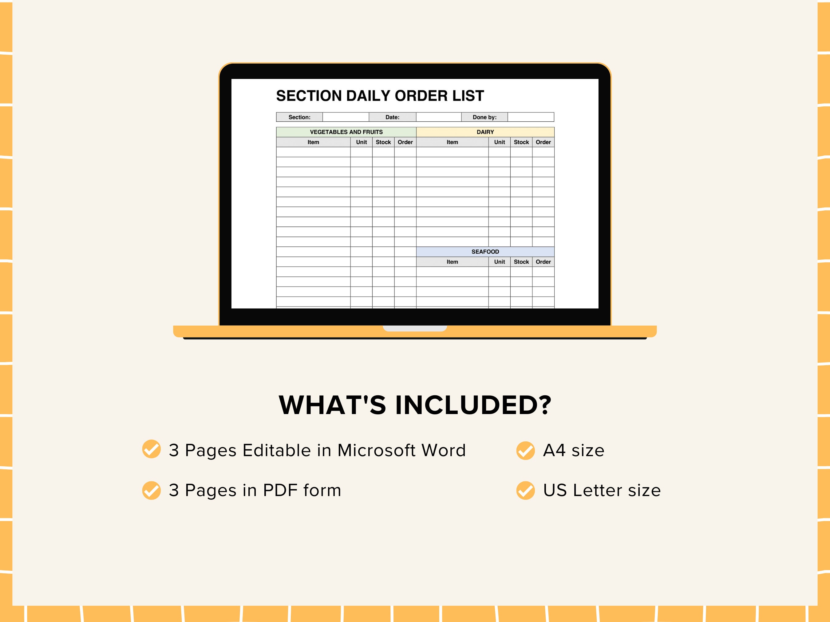 Kitchen Daily Order List, Order Guide. Restaurant and Cafe, Checklist ...