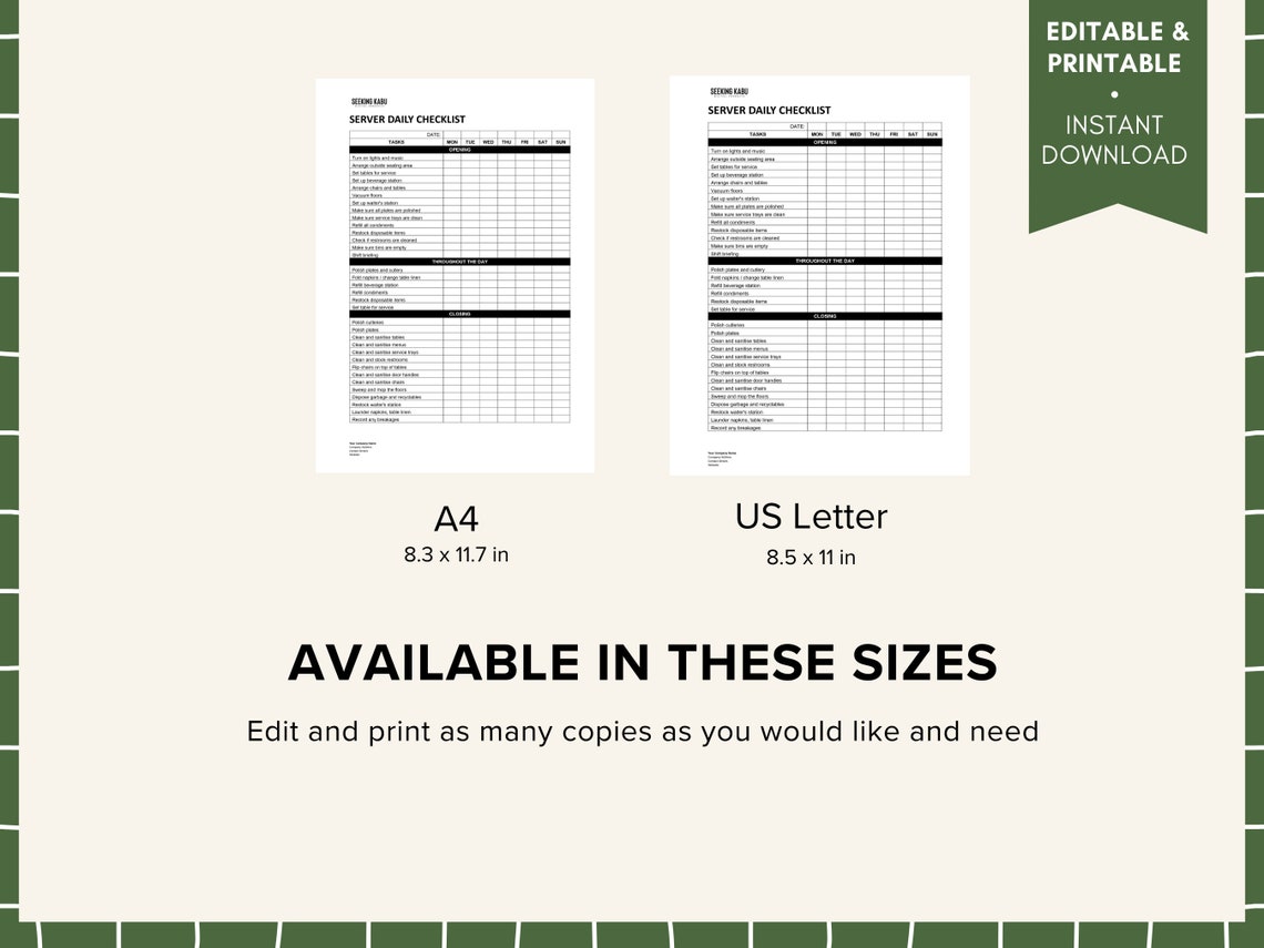 Server Daily Checklist Restaurant Cafe New Hire Training, Mis En Place ...