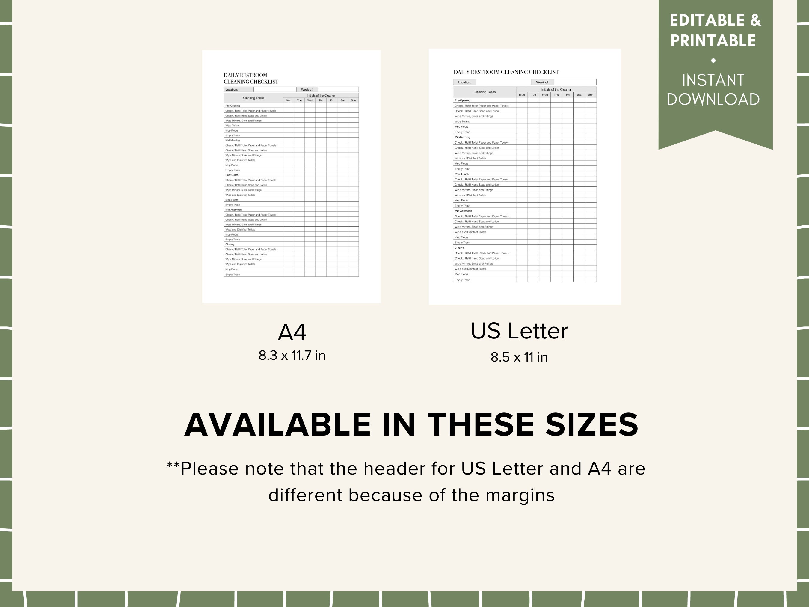 Restroom Cleaning Checklist | Restroom Sign off Form | Editable and ...