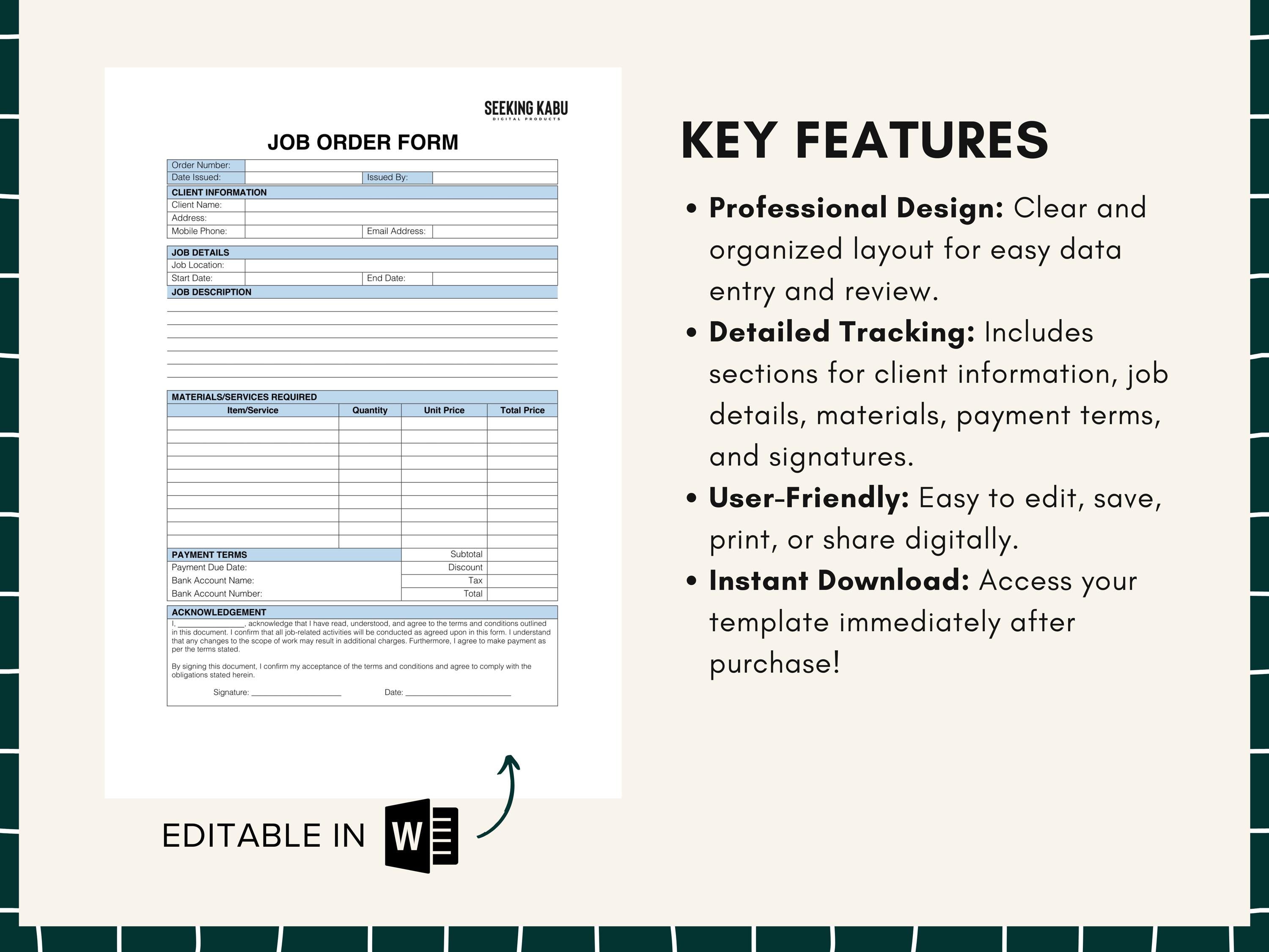 Job Order Form Template, Work Request Form, Editable Word, Printable ...