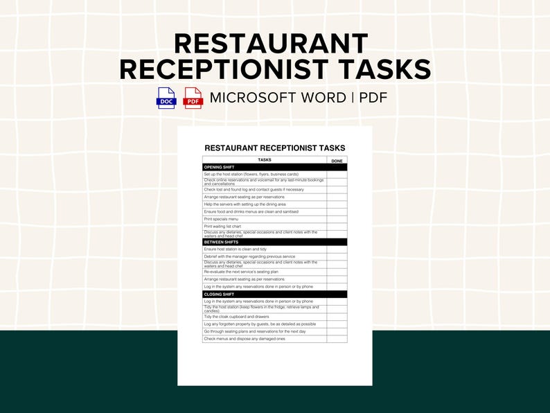 Restaurant Receptionist Daily Checklist, Maître D Duties, Restaurant ...