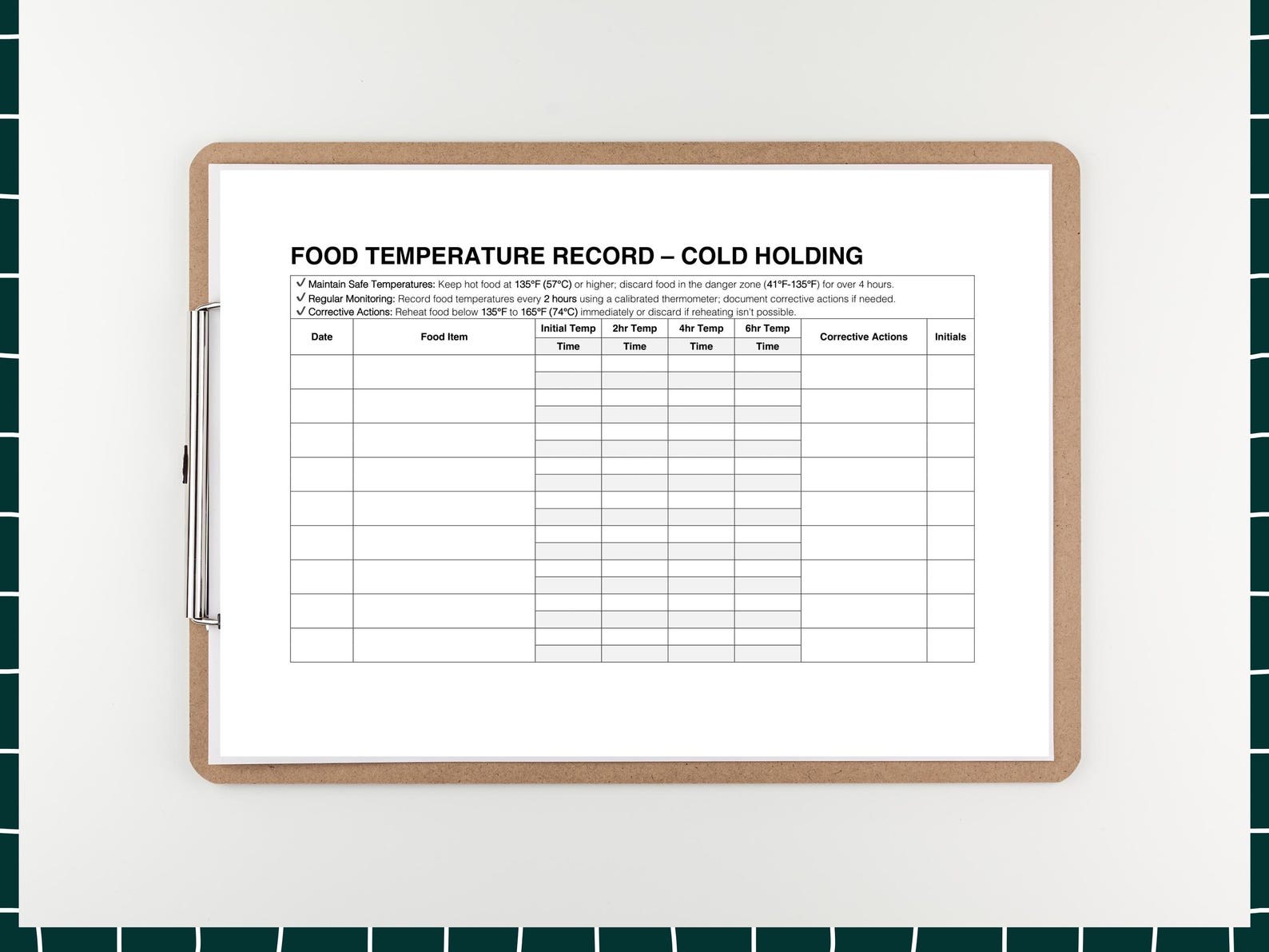 Cold Food Temperature Log, Cold Food Holding Temperature Sheet, Food ...