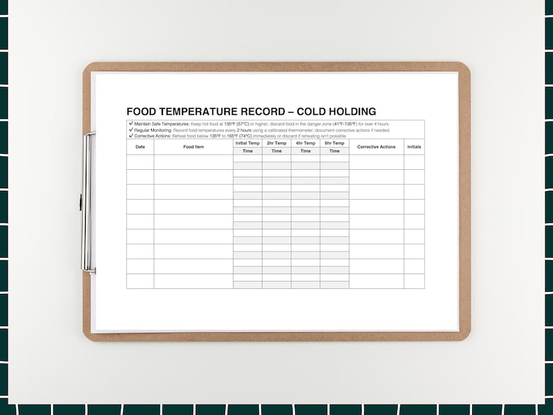 Cold Food Temperature Log, Cold Food Holding Temperature Sheet, Food ...