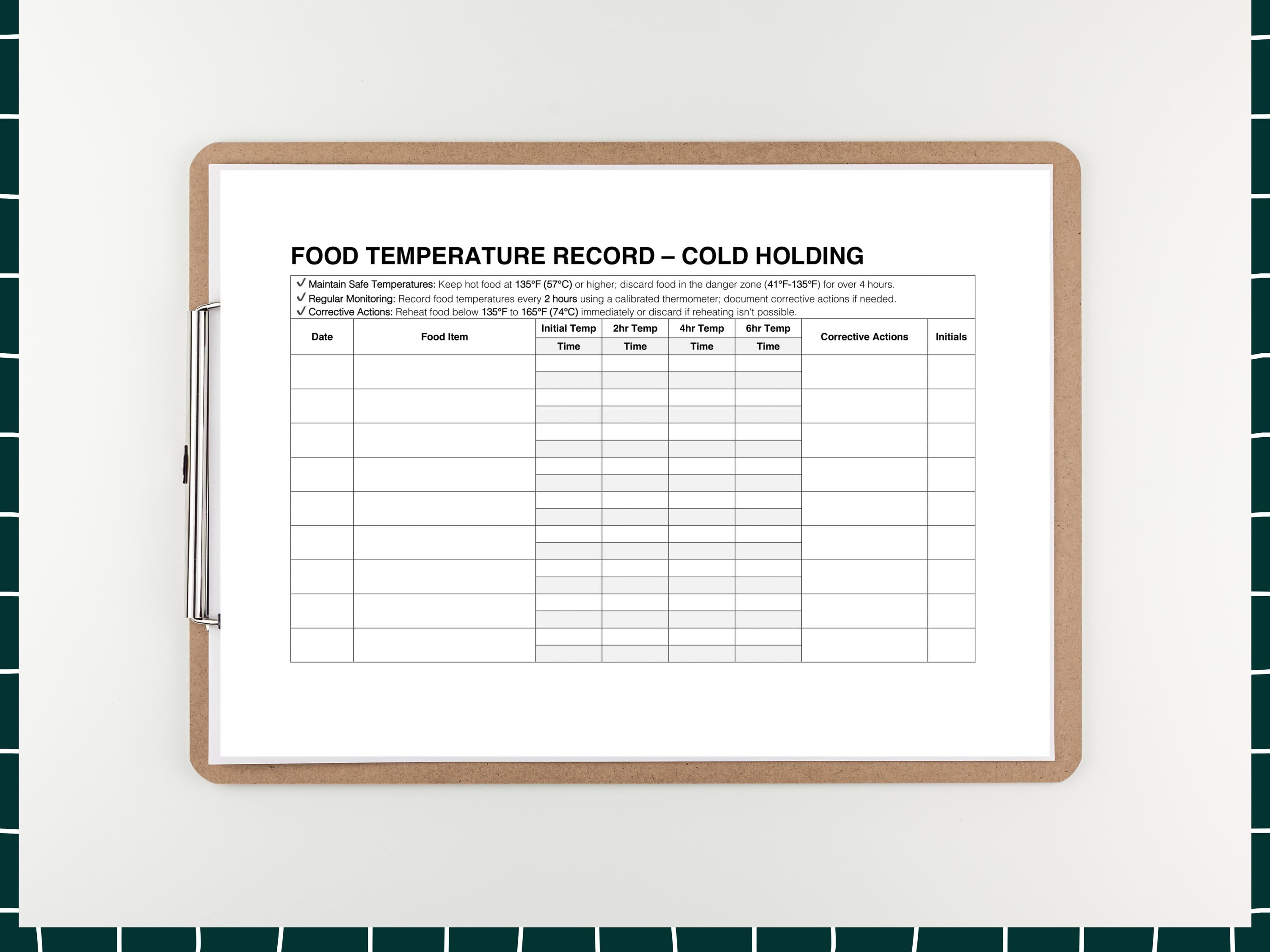 Cold Food Temperature Log, Cold Food Holding Temperature Sheet, Food ...