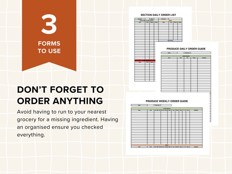 Kitchen Produce Order List, Guide, Section List, Daily, Weekly ...