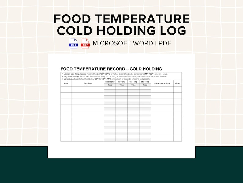 Cold Food Temperature Log, Cold Food Holding Temperature Sheet, Food ...