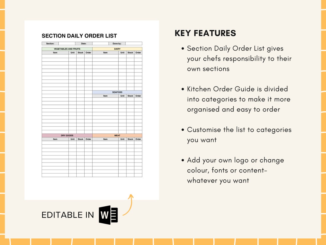Kitchen Daily Order List, Order Guide. Restaurant and Cafe, Checklist ...