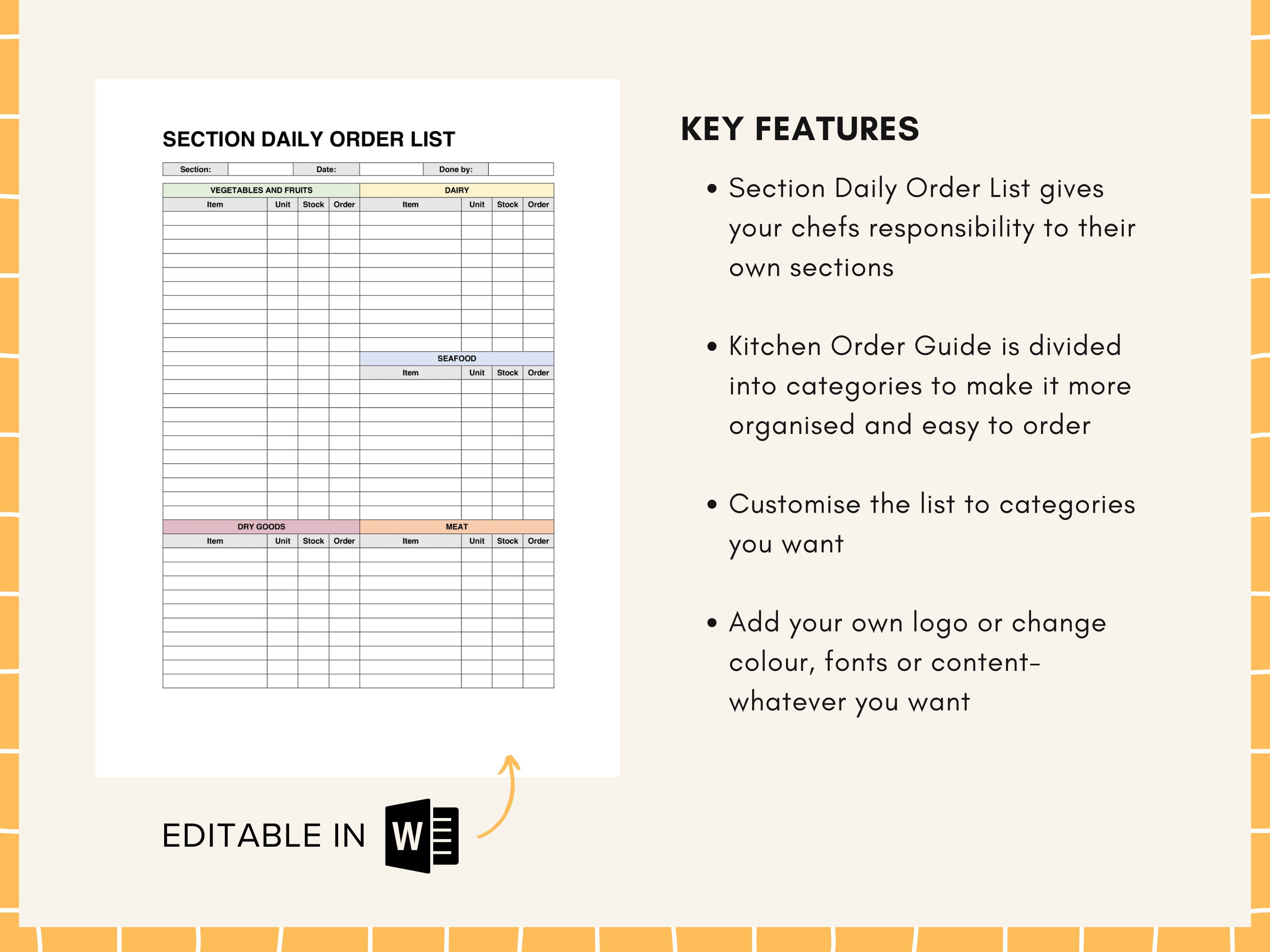 Kitchen Daily Order List, Order Guide. Restaurant and Cafe, Checklist ...
