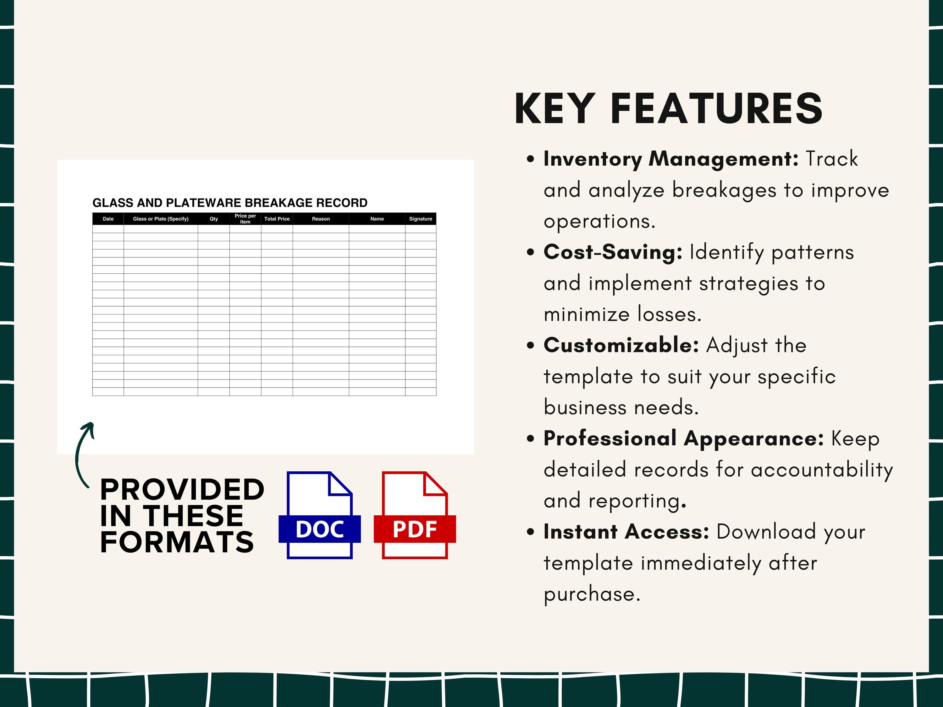 Glass and Plate Breakage Record Template, Editable Dish Breakage Log ...
