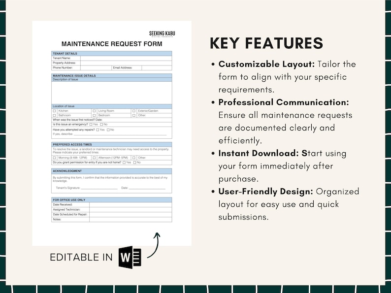 Editable Maintenance Request Form Template, Printable Tenant Repair Log ...
