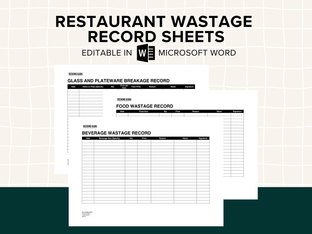 Wastage Record Sheets for Food, Beverage Glass and Plate Breakage Log ...