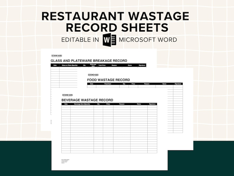 Wastage Record Sheets for Food, Beverage Glass and Plate Breakage Log ...