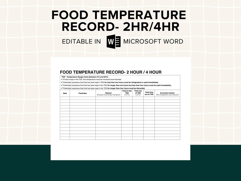 Food Temperature Record Template - Editable HACCP Log, 2 Hour 4 Hour ...
