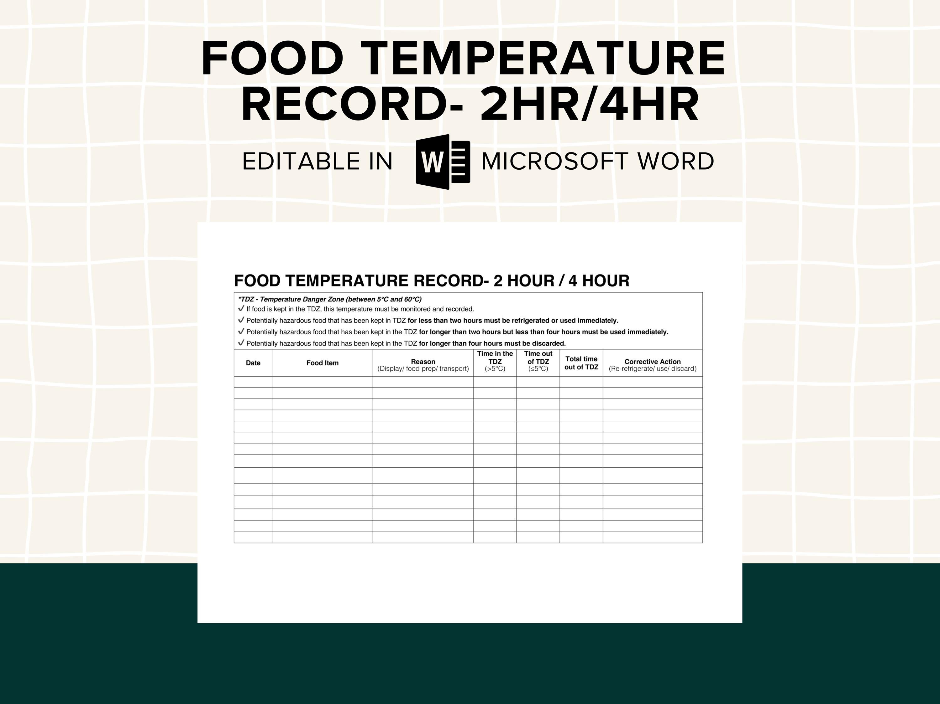 Food Temperature Record Template - Editable HACCP Log, 2 Hour 4 Hour ...