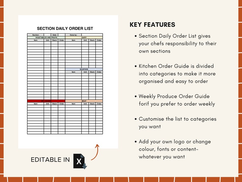 Kitchen Produce Order List, Guide, Section List, Daily, Weekly ...