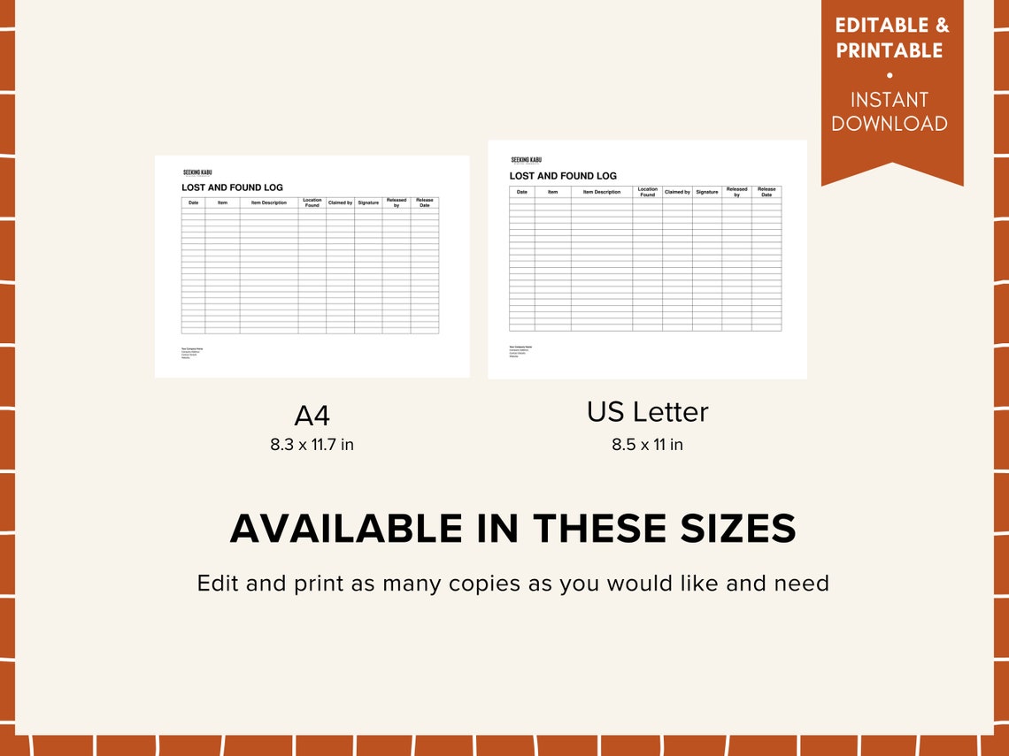Lost and Found Log; Tracker; Customisable, Editable Templates; PDF, MS ...