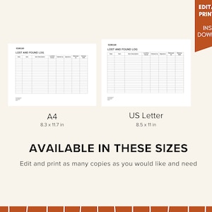 Lost and Found Log; Tracker; Customisable, Editable Templates; PDF, MS ...