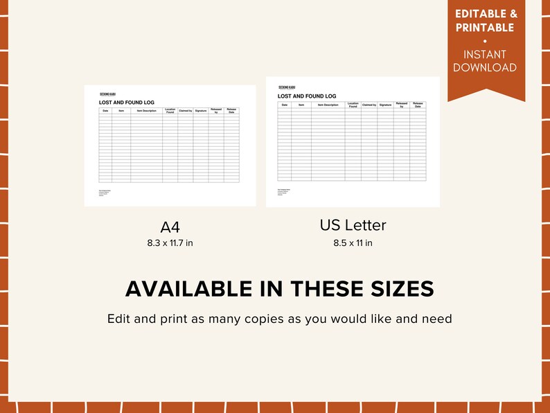Lost and Found Log; Tracker; Customisable, Editable Templates; PDF, MS ...