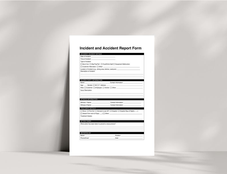 Incident and Accident Report Form Restaurant Records Management and ...